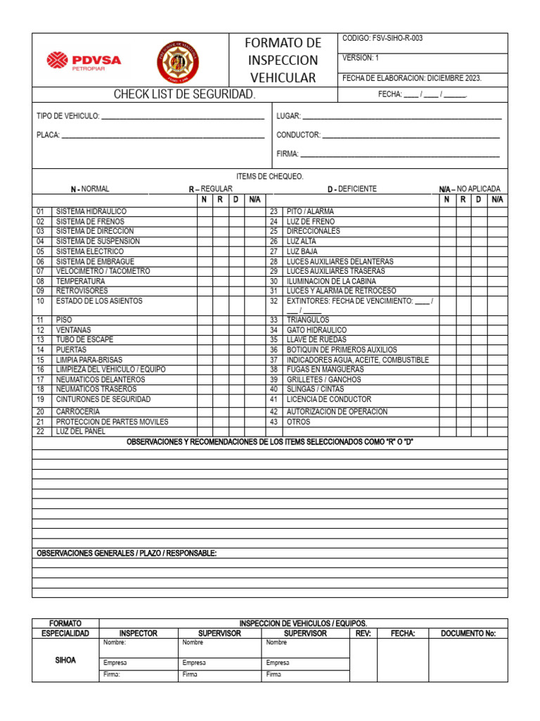 Formato de Inspeccion Vehicular | Descargar gratis PDF | Tecnología de ...