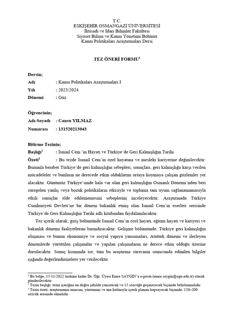 Tez Öneri Formu | PDF