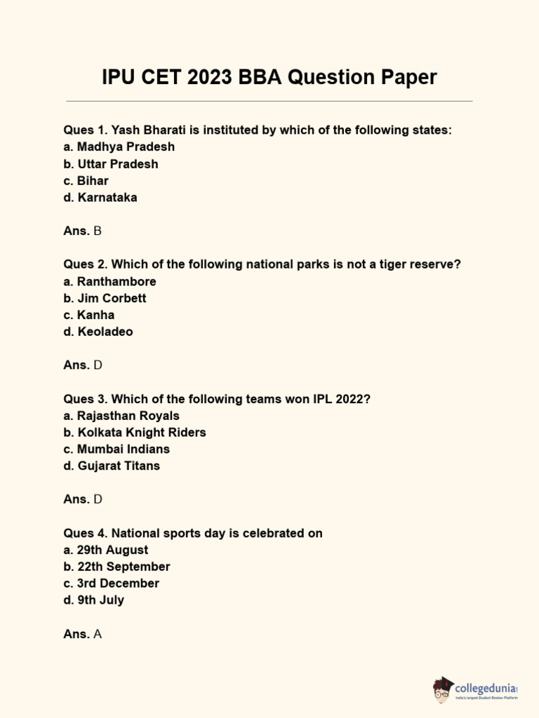 IPU CET 2023 BBA Question Paper | PDF