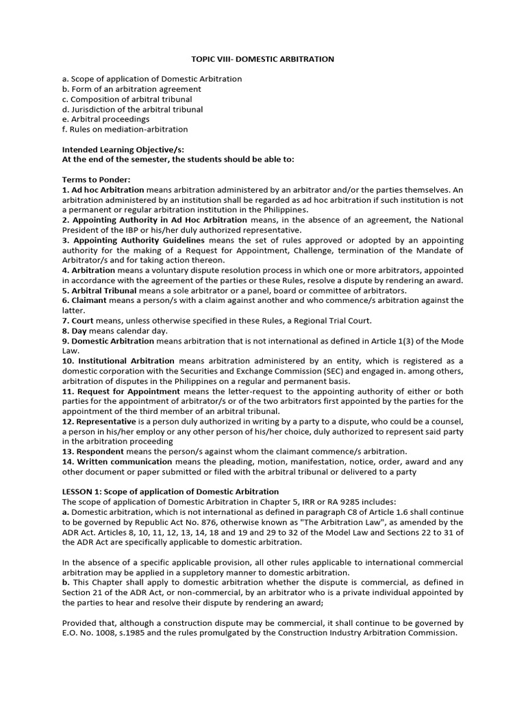 Topic Viii Dispute Resolution | PDF | Arbitral Tribunal | Arbitration