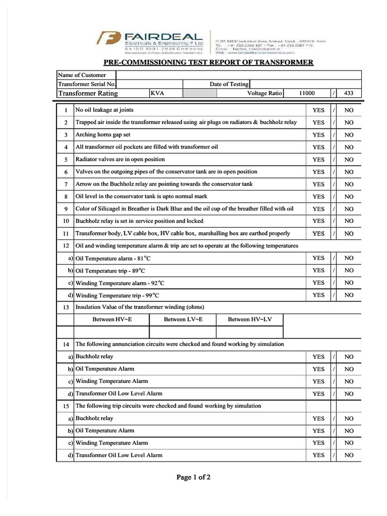 PDF Pre Commissioning Test of Transformer at Site Compress | PDF ...