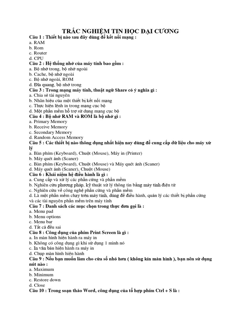 Trac Nghiem Tin Hoc Dai Cuong | PDF