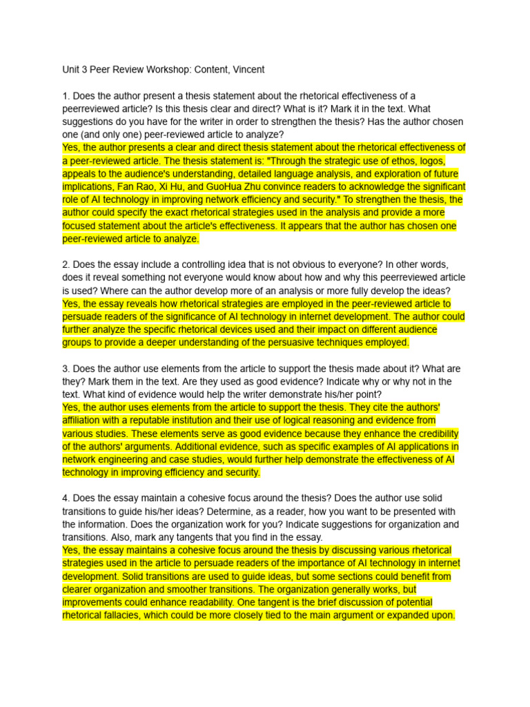 Unit 3 Peer Review Workshop Content Vincent 1 | PDF | Rhetoric | Essays