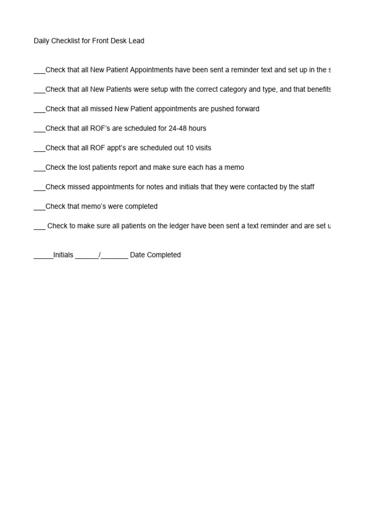 Front Desk Lead Daily Checklist | PDF