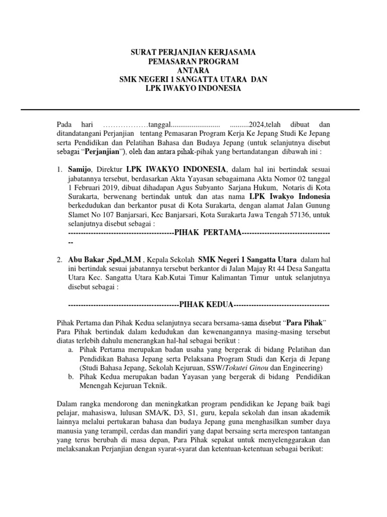 DRAFT MOU SMK Negeri 1 Sangatta Utara DAN LPK IWAKYO INDONESIA | PDF