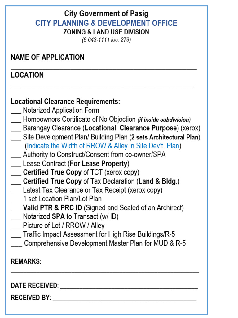 Pasig - Locational Clearance - Requirements | PDF