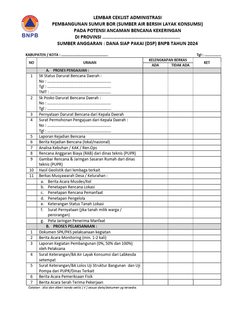 Draf Ceklist Administrasi DLL Pembangunan Sumur Bor - BNPB | PDF