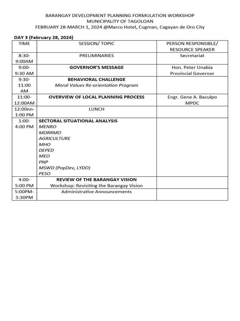 BARANGAY DEVELOPMENT PLANNING FORMULATION WORKSHOP Program | PDF | Career & Growth