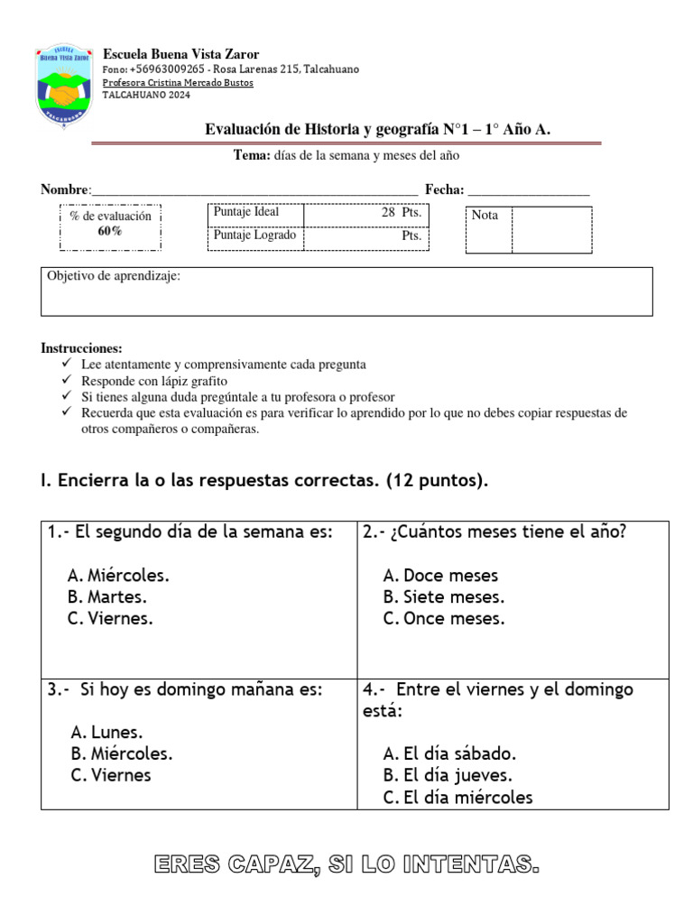 Prueba Dias de La Semana y Meses Del Año | Descargar gratis PDF ...