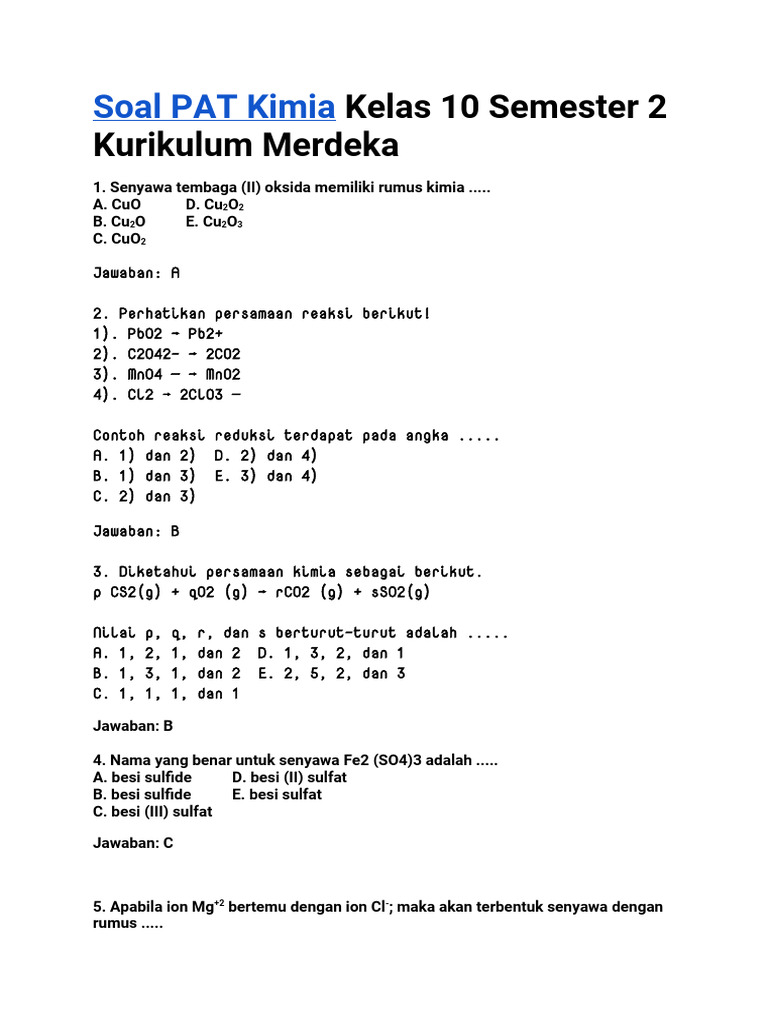 Soal PAT Kimia Kelas 10 Semester 2 Kurikulum Merdeka | PDF