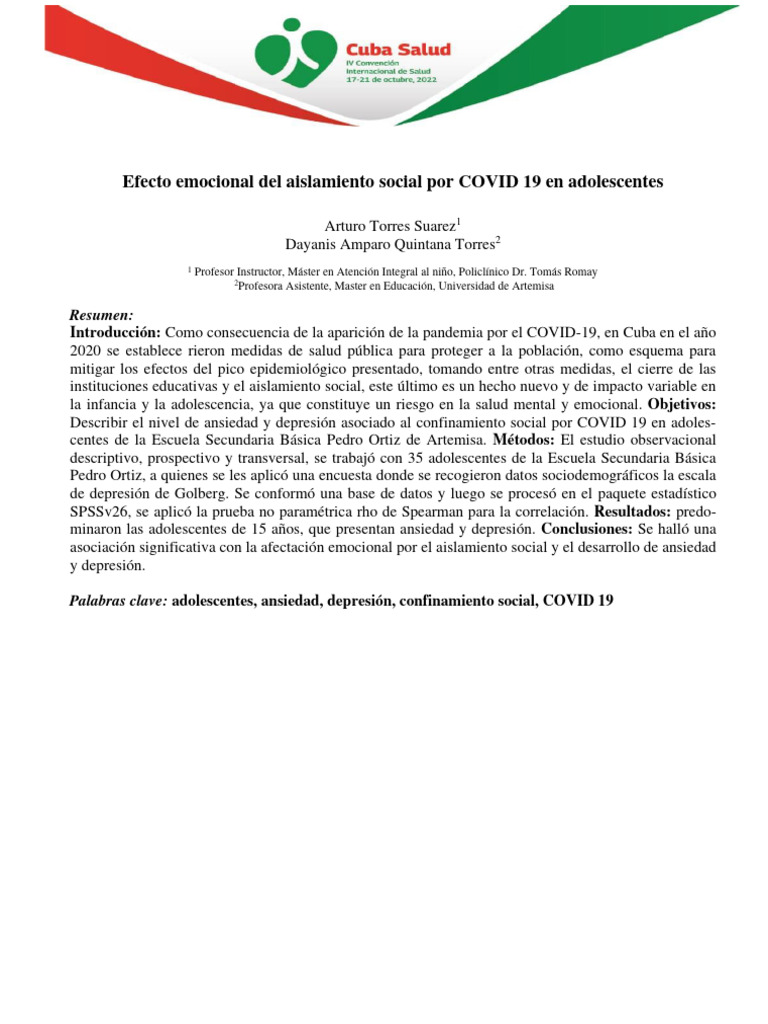 Efecto Emocional Del Aislamiento Social Por COVID 19 en Adolescentes ...