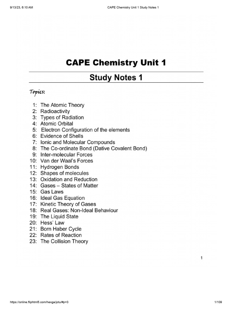 CAPE Chemistry Unit 1 Study Notes 1 | PDF