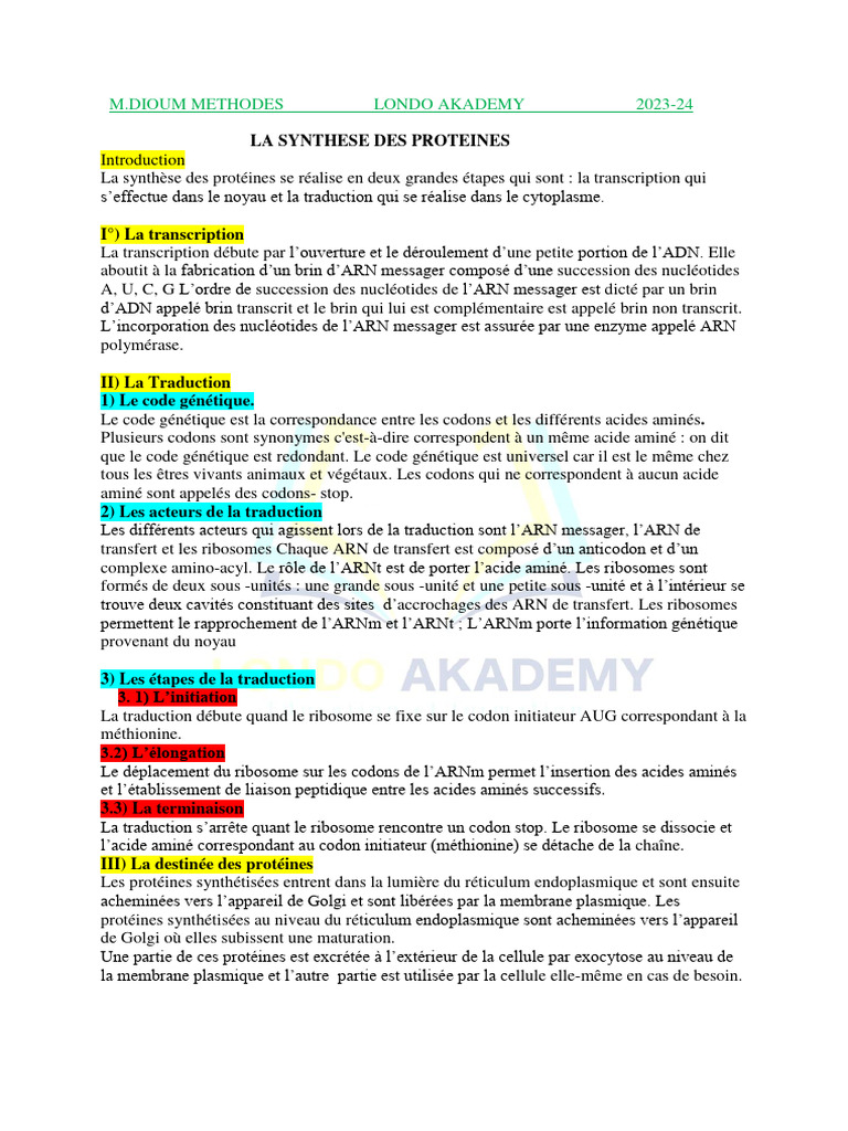 Synthèse des Protéines : Transcription et Traduction | PDF | Traduction ...