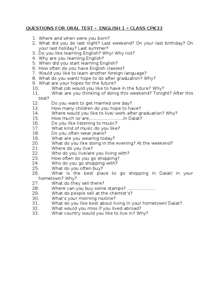 Questions For Oral Test - English 1 - Class Cpk33 | PDF | Language Arts ...