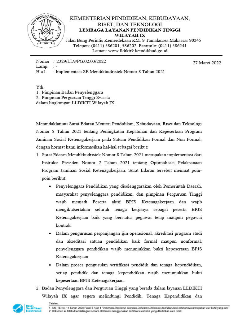 Surat Implementasi SE 8 2021 | PDF
