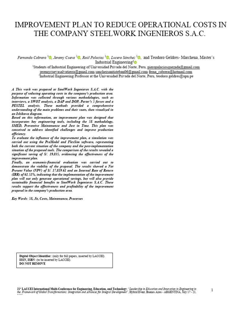 Improvement Plan To Reduce Operational Costs in The Company Steelwork ...