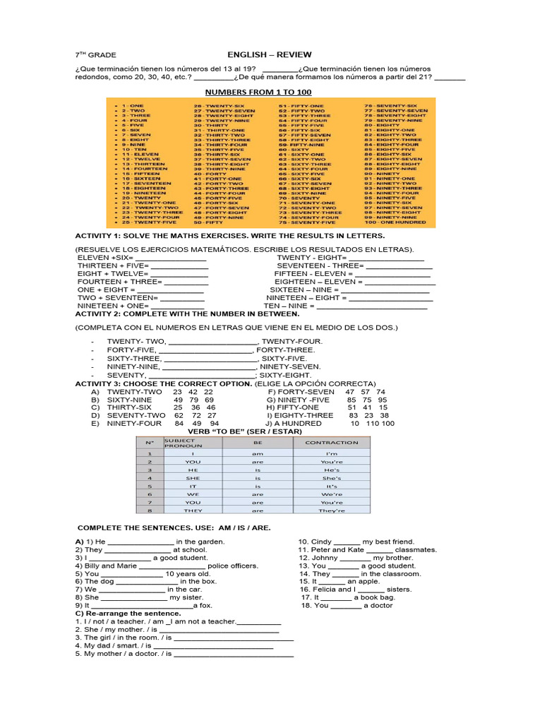7th Grade Numbers and To Be | PDF