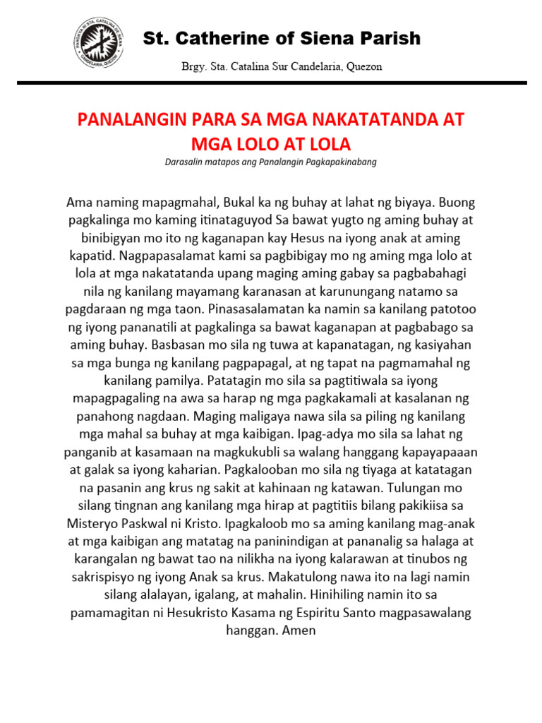 Panalangin Para Sa Lolo at Lola (Cbcp) | PDF