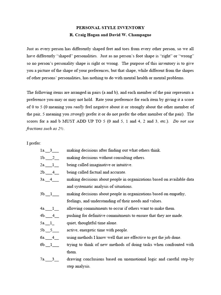 Craig and David's Personal Style Inventory Assessment | PDF | Thought ...