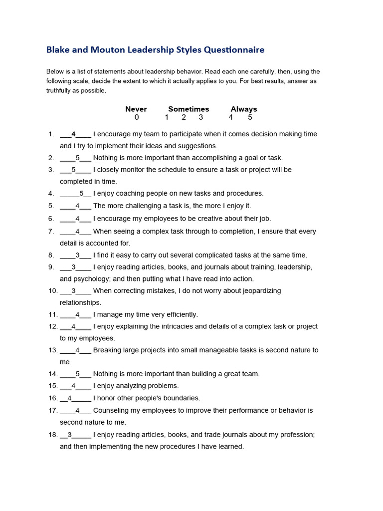 Blake and Mouton Leadership Styles Questionnaire | PDF | Leadership ...