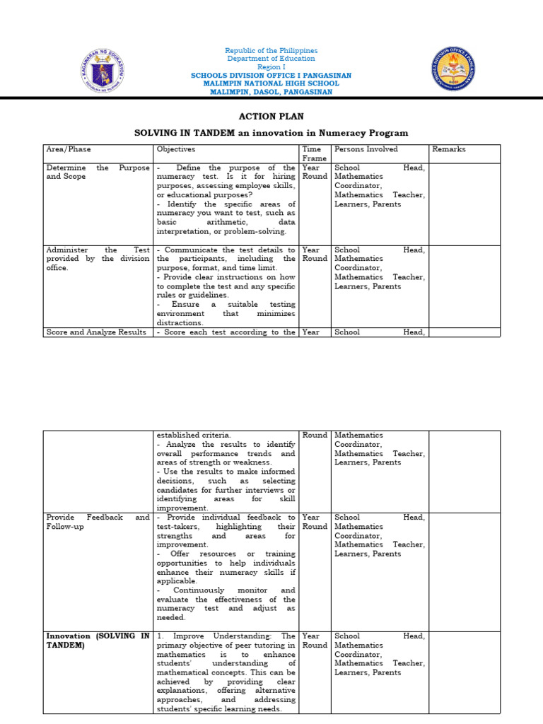 Action Plan in Numeracy | PDF | Critical Thinking | Learning