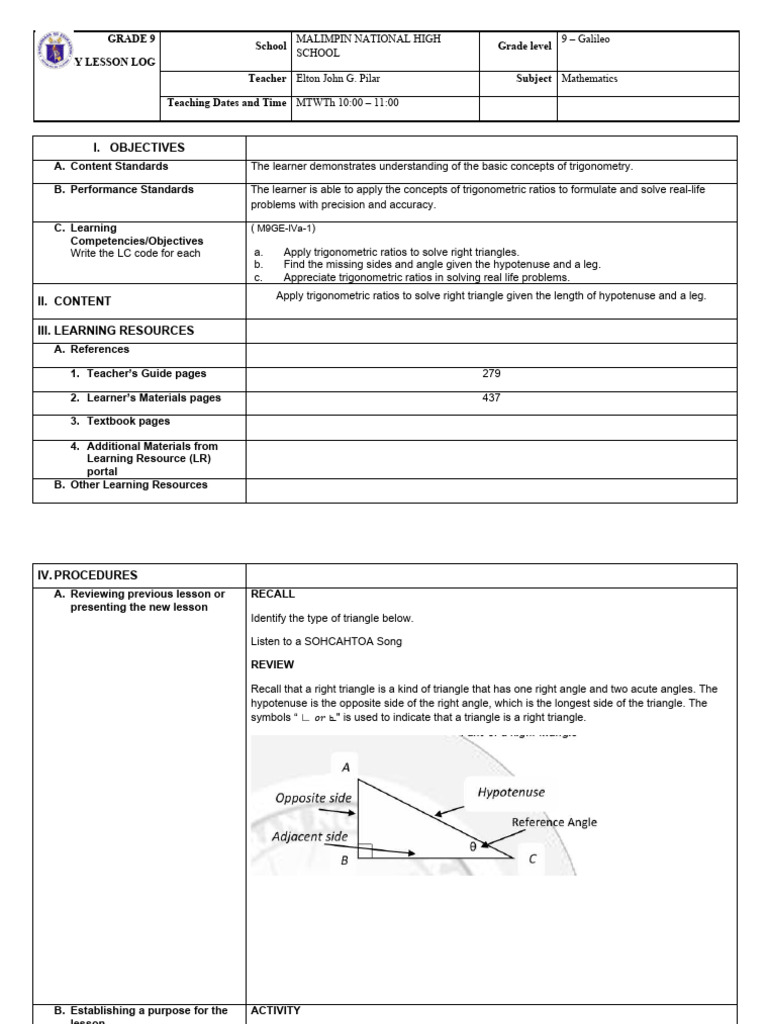 I. Objectives: M9Ge-Iva-1 | PDF | Trigonometry | Triangle