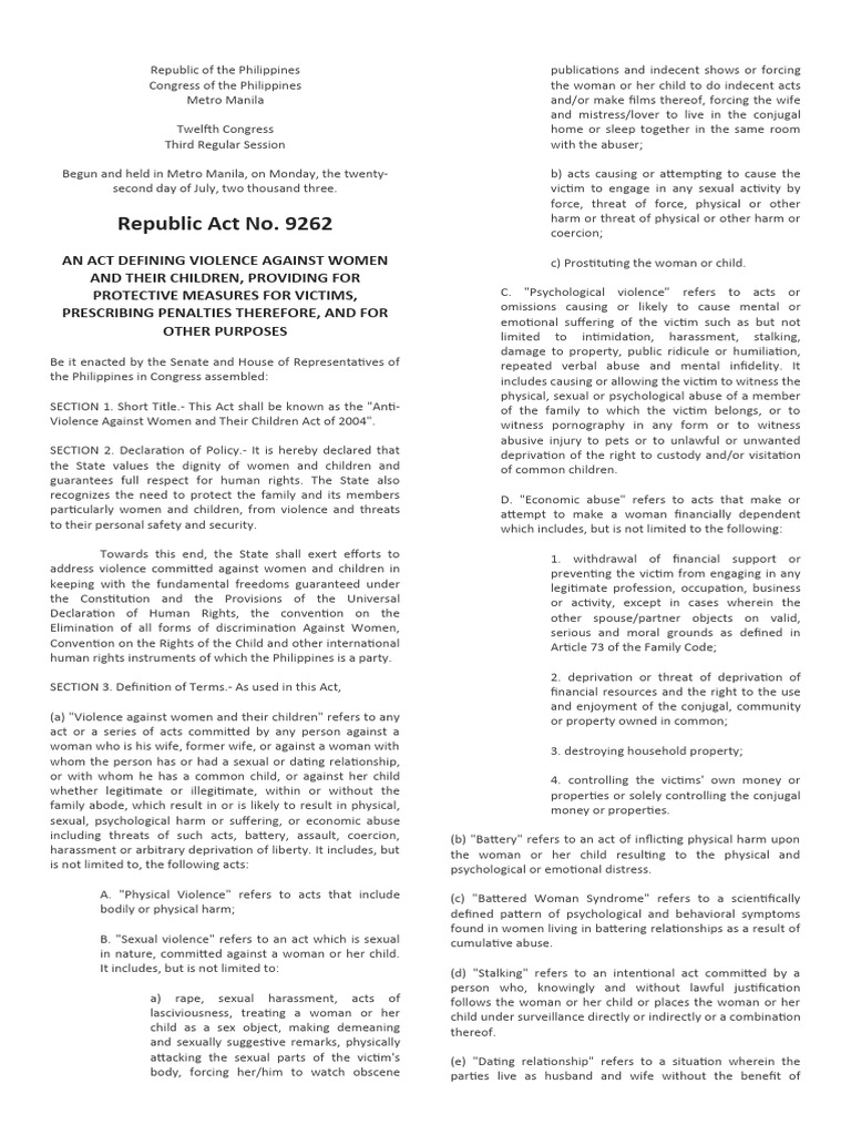 R.A. 9262 | PDF | Restraining Order | Domestic Violence