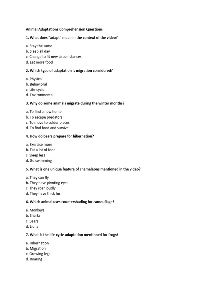 Animal Adaptations Comprehension Questions | PDF