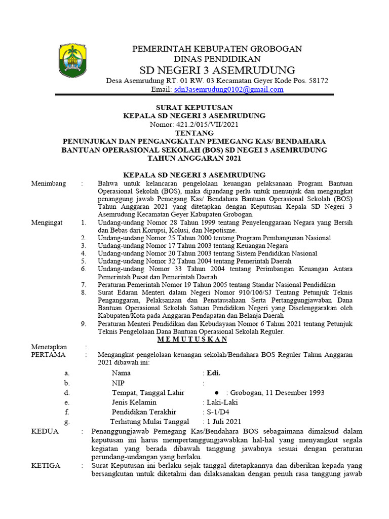 SK Tim Manajemen BOS - 2021 Dedi | PDF
