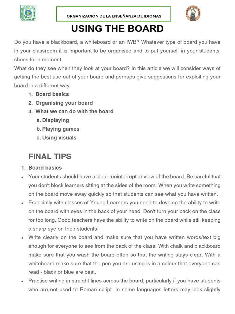 Using The Board | PDF | Vocabulary | Classroom