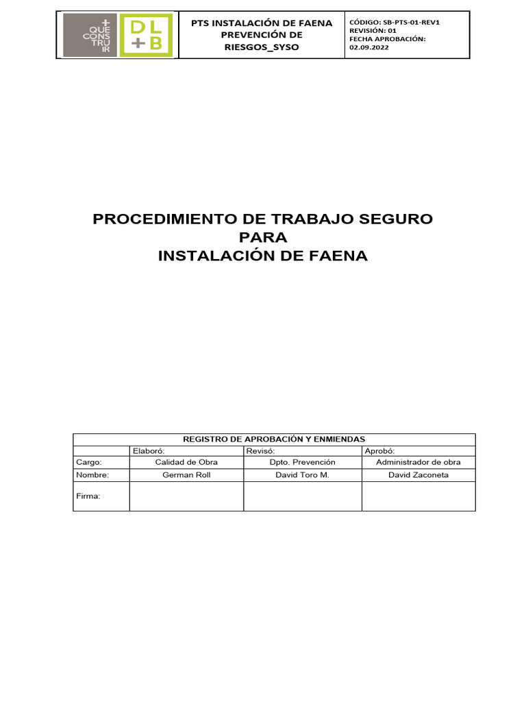 SB-PTS-01-INSTALACIÓN DE FAENA Rev 1 | PDF | Contaminación
