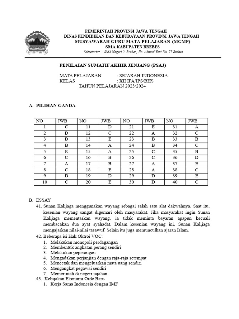 Kunci Jawaban Psaj Sejarah Indonesia KLS Xii 2023-2024 | PDF