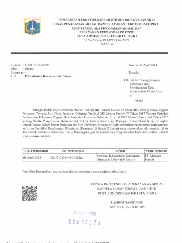 Permohonan Rekomendasi Tekinis PT. Mandara Permai | PDF