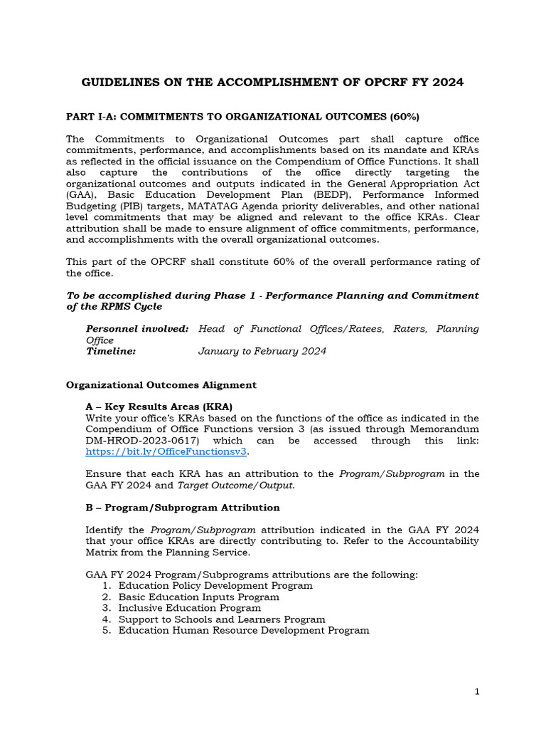 OPCRF FY 2024 Performance Guidelines | PDF | Performance Appraisal ...