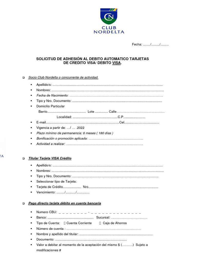 Formulario de Adhesion Debito Automatico CN | PDF | Tarjeta de débito | Tarjeta de crédito