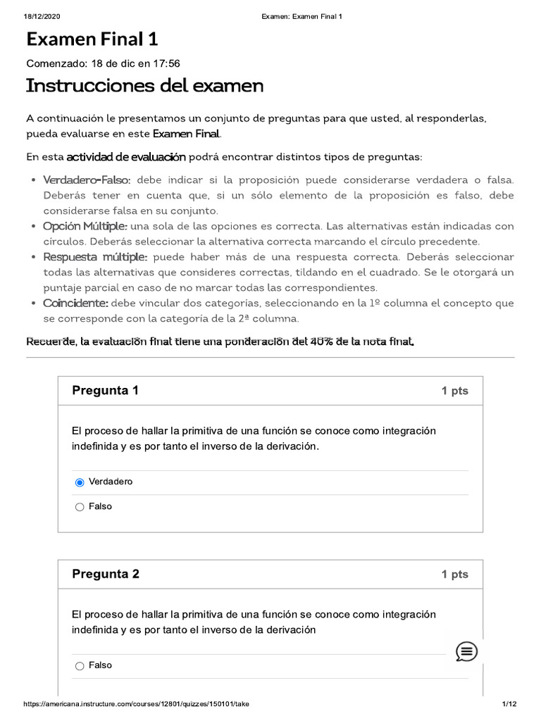 Examen - Examen Final 1 MATE 4 | PDF