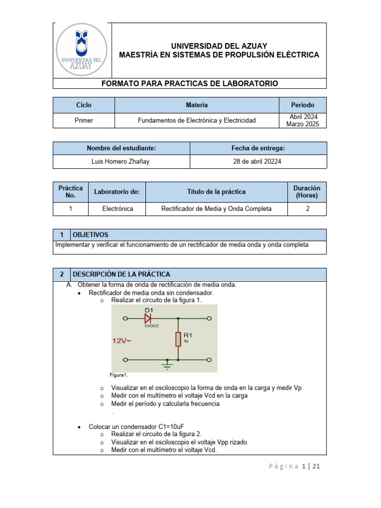 Practica 1 Aplicaciones Del Diodo | PDF | Rectificador | Red eléctrica