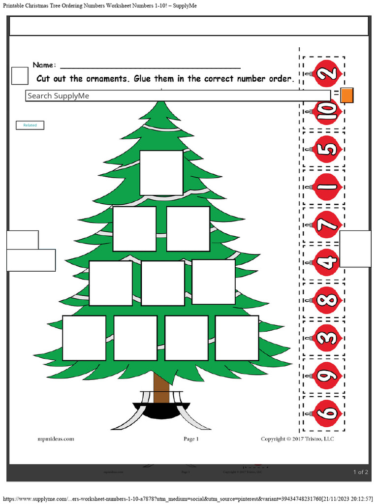 Printable Christmas Tree Ordering Numbers Worksheet Numbers 1-10 ...