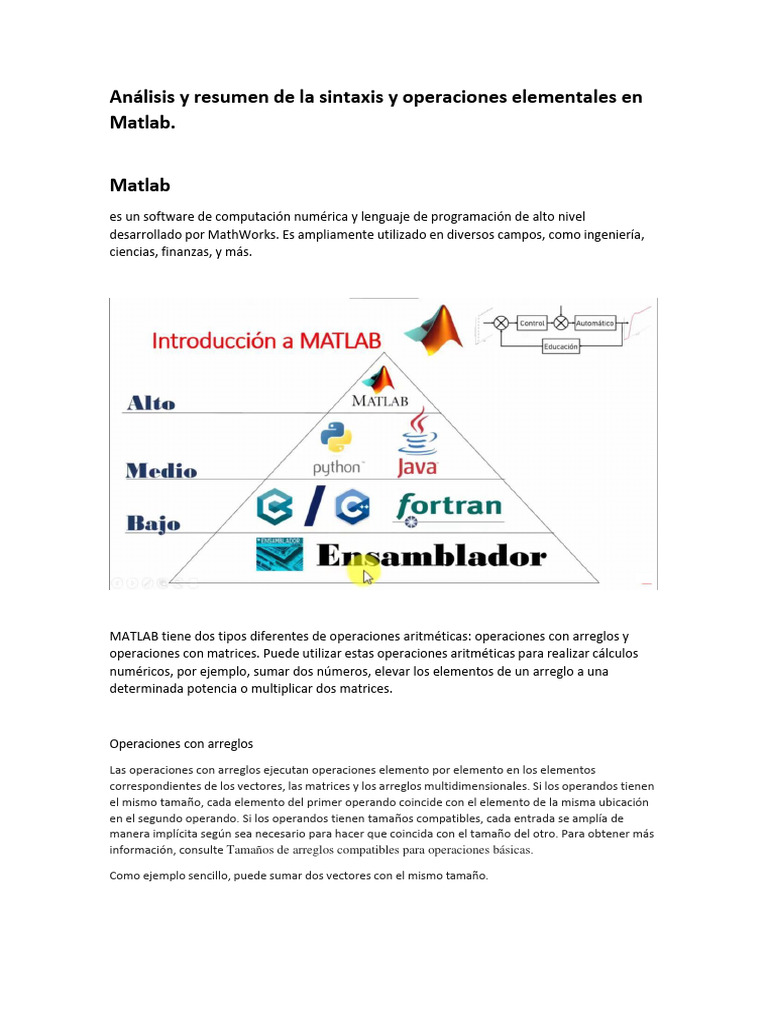 Análisis y Resumen de La Sintaxis y Operaciones Elementales en Matlab ...