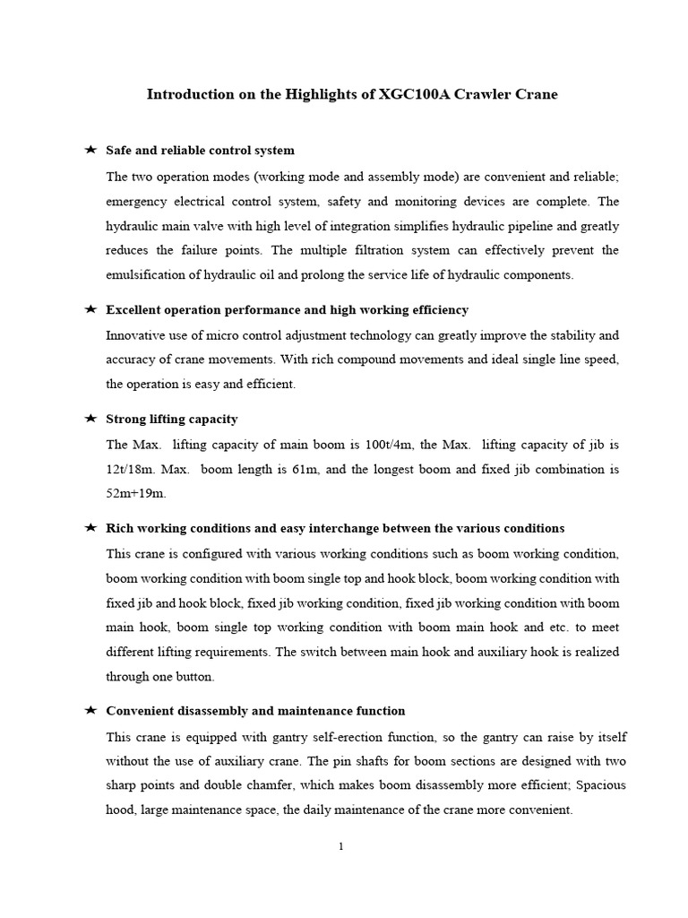 XGC100A Crawler Crane Features | PDF | Crane (Machine) | Manufactured Goods