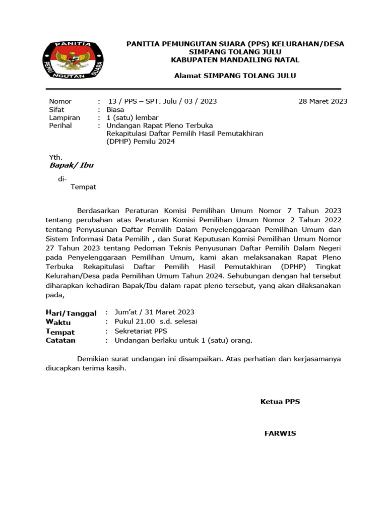 Draft Undangan DPHP PPS | PDF