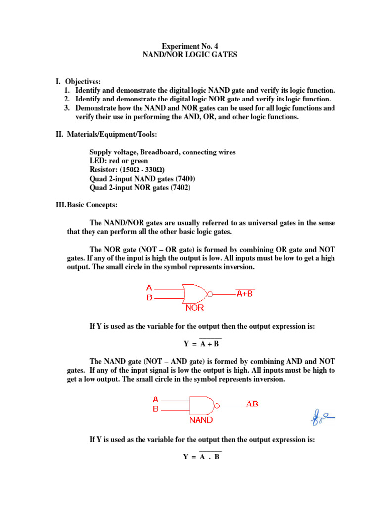 EXPT No. 4 NAND and NOR Logic Gates | PDF | Logic Gate | Boolean Algebra