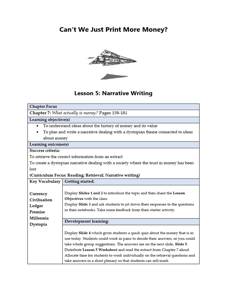 Narrative Writing Lesson Plan | PDF | Dystopia | Money