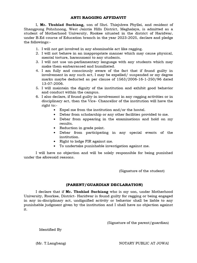 ANTI RAGGING AFFIDAVIT | PDF | Justice | Crime & Violence