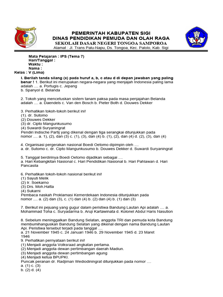 Soal Tema 7 Kelas 5 Semester 2 T.A 2022-2023 Mapel IPS | PDF