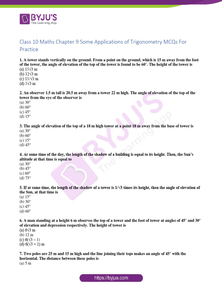 Class 10 Maths Chapter 9 Some Applications of Trigonometry MCQs for Practice | PDF