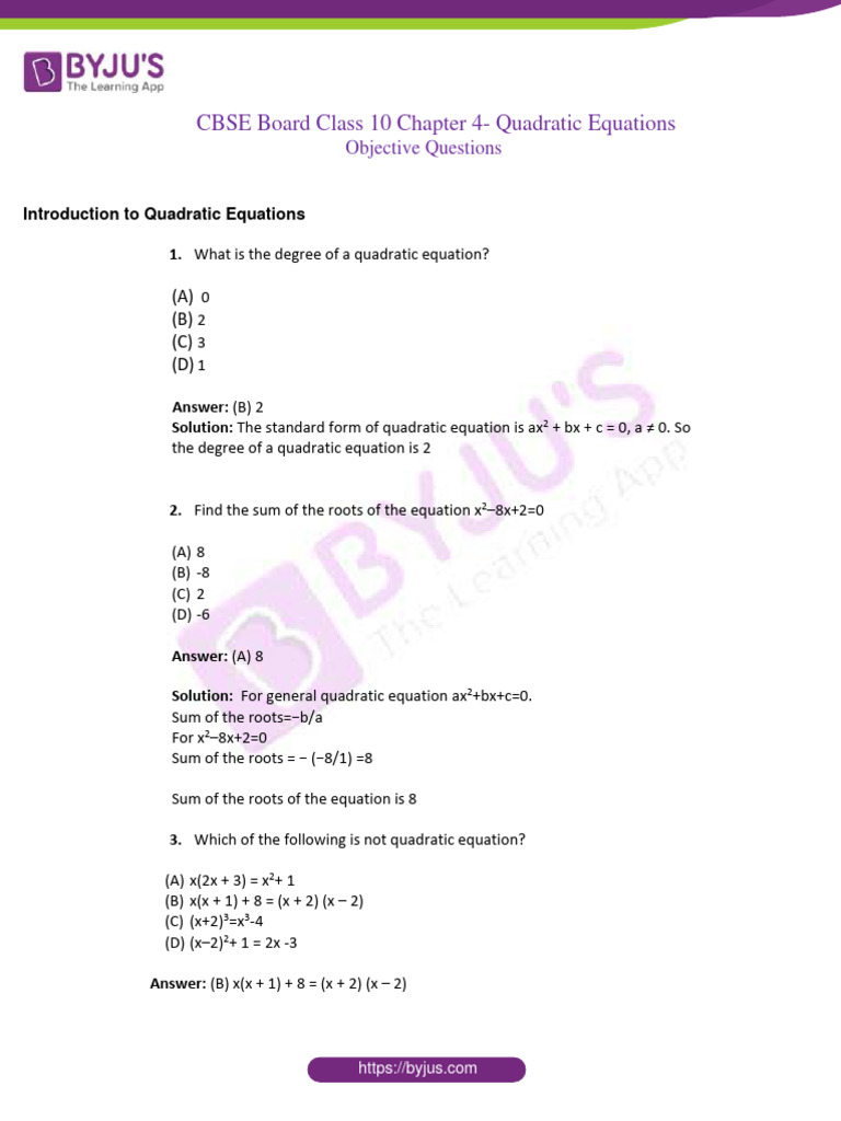 CBSE Class 10 Maths Chapter 4 Quadratic Equations Objective Questions | PDF | Quadratic Equation ...