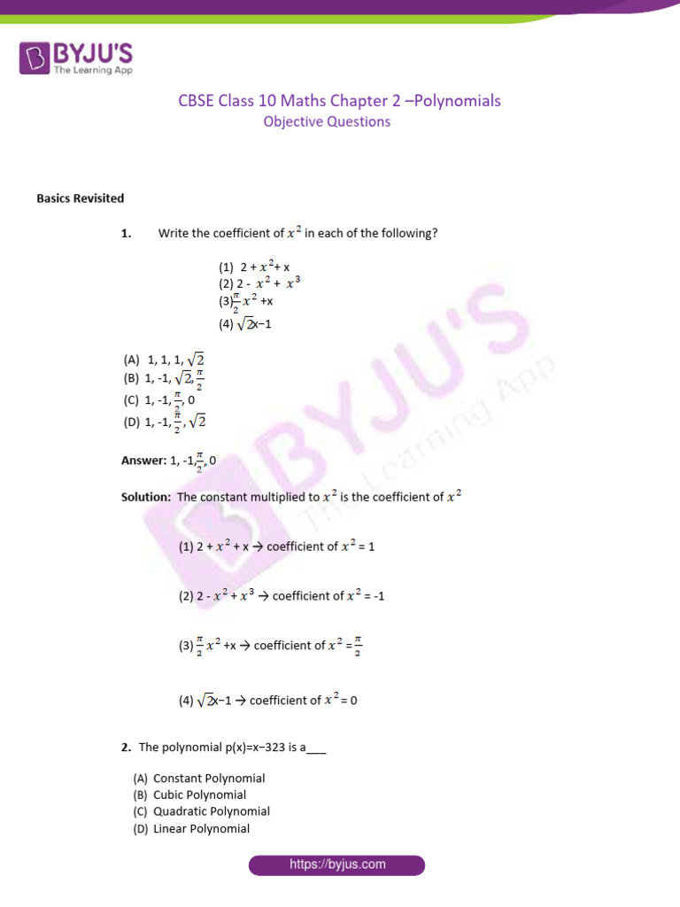 CBSE Class 10 Maths Chapter 2 Polynomials Objective Questions | Download Free PDF ...