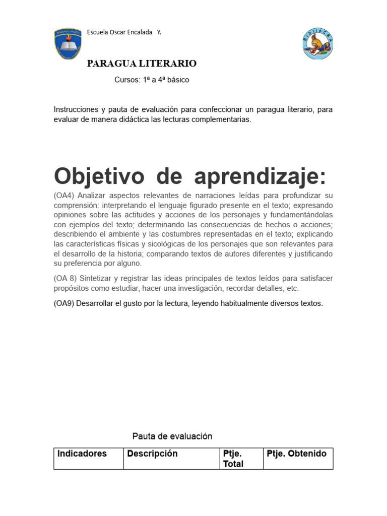 Pauta para Paragua Literario Escolar | PDF | Sicología | Evaluación