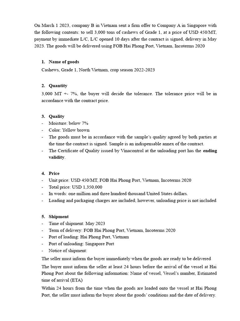 FOB Hai Phong Cashew Sale Contract | PDF | Letter Of Credit | Business Law
